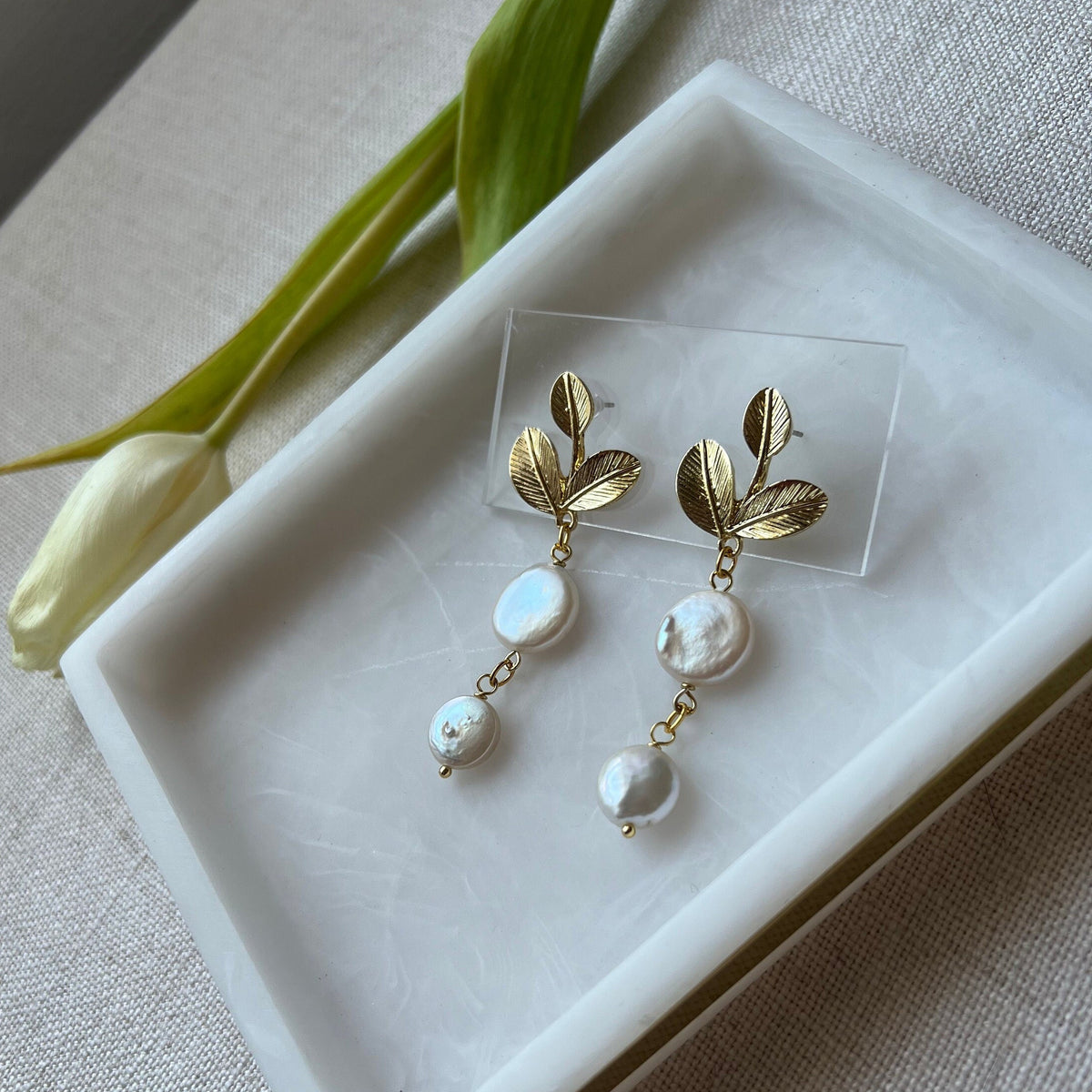 Long Natural Freshwater Pearls with 18K Gold Plated Leaf Studs – Gemini Clay Studio
